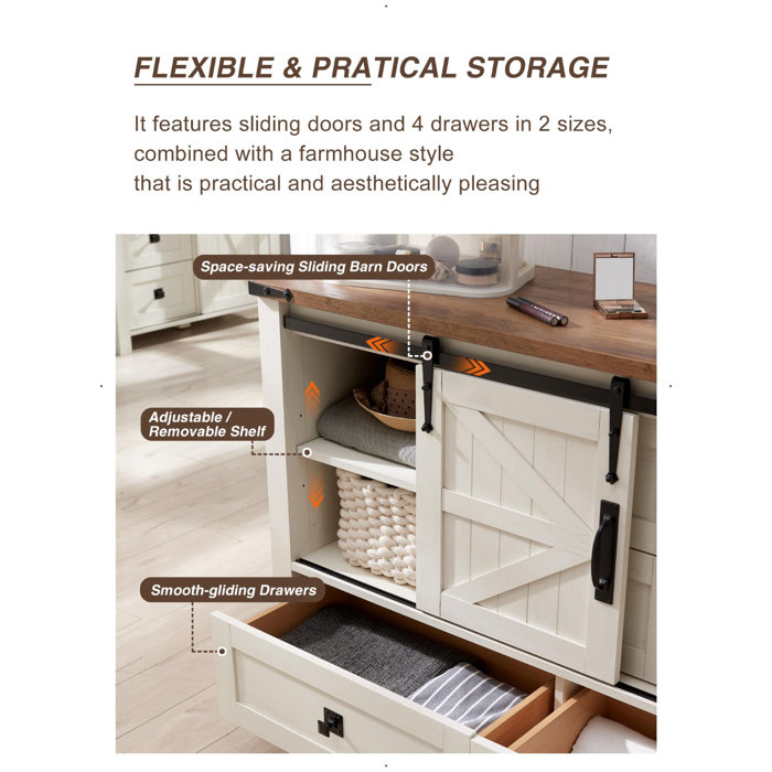 Gracie Oaks Terramuggus 48"W Farmhouse Chest of Drawers, Bedroom Dresser with 4 Drawers ...